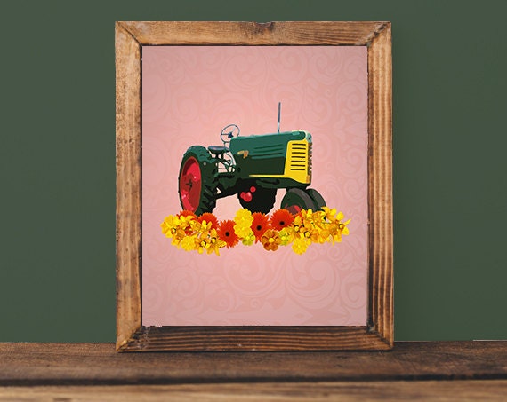Green and Red Tractor Print Farm Life Artwork Oliver | Etsy