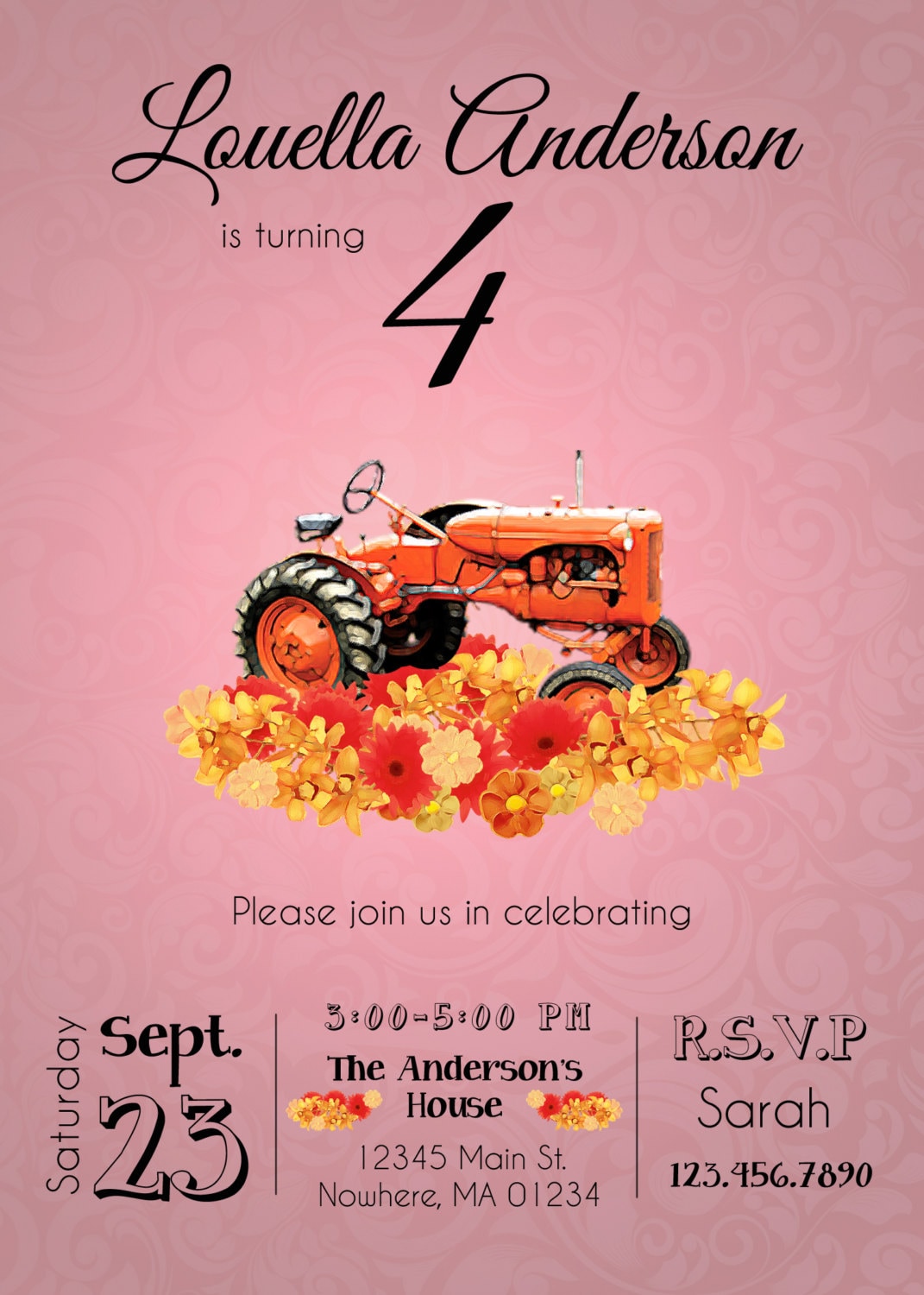 Allis Tractor Floral Birthday Invitation - Etsy