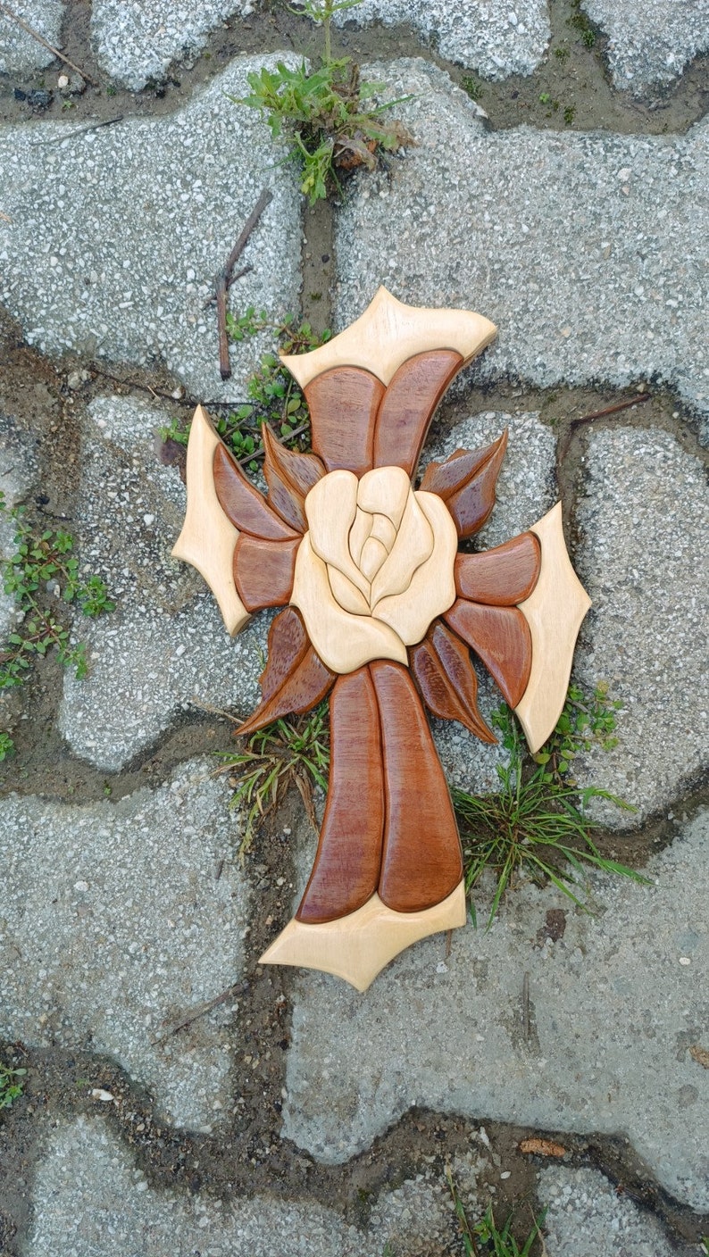Rose Cross Wooden Cross Intarsia Cross Intarsia Wooden - Etsy