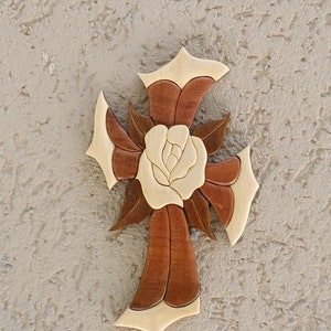 Rose Cross , Wooden Cross, Intarsia Cross, Intarsia Wooden Art, Wooden ...