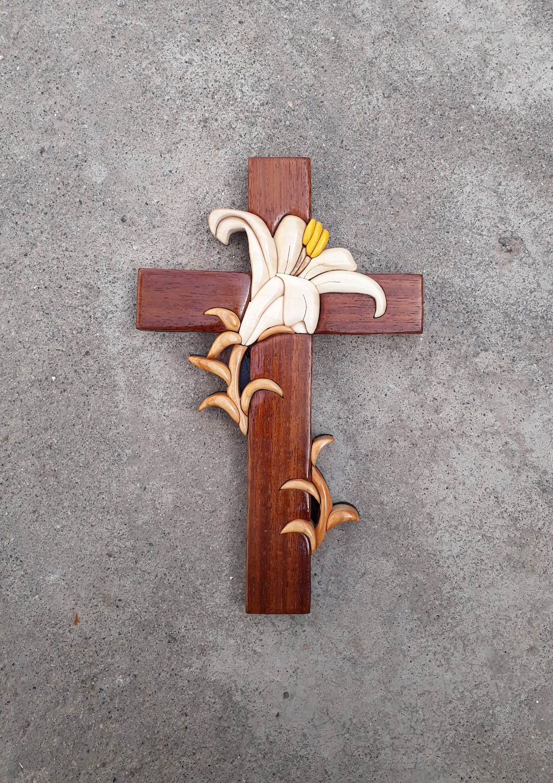 Lily Cross , Wooden Cross, Intarsia Cross, Intarsia Wooden Art, Wooden ...