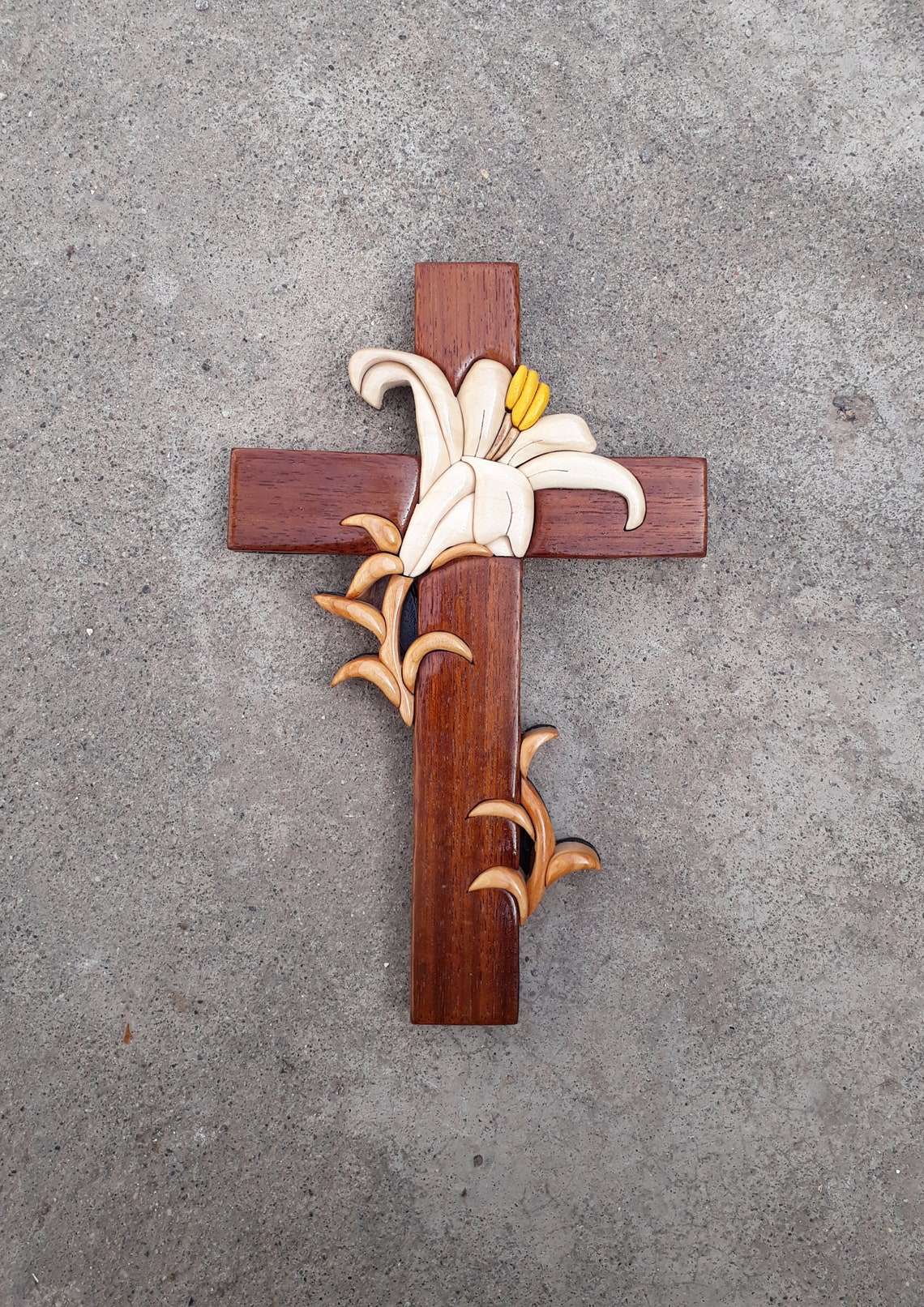 Lily Cross , Wooden Cross, Intarsia Cross, Intarsia Wooden Art, Wooden ...