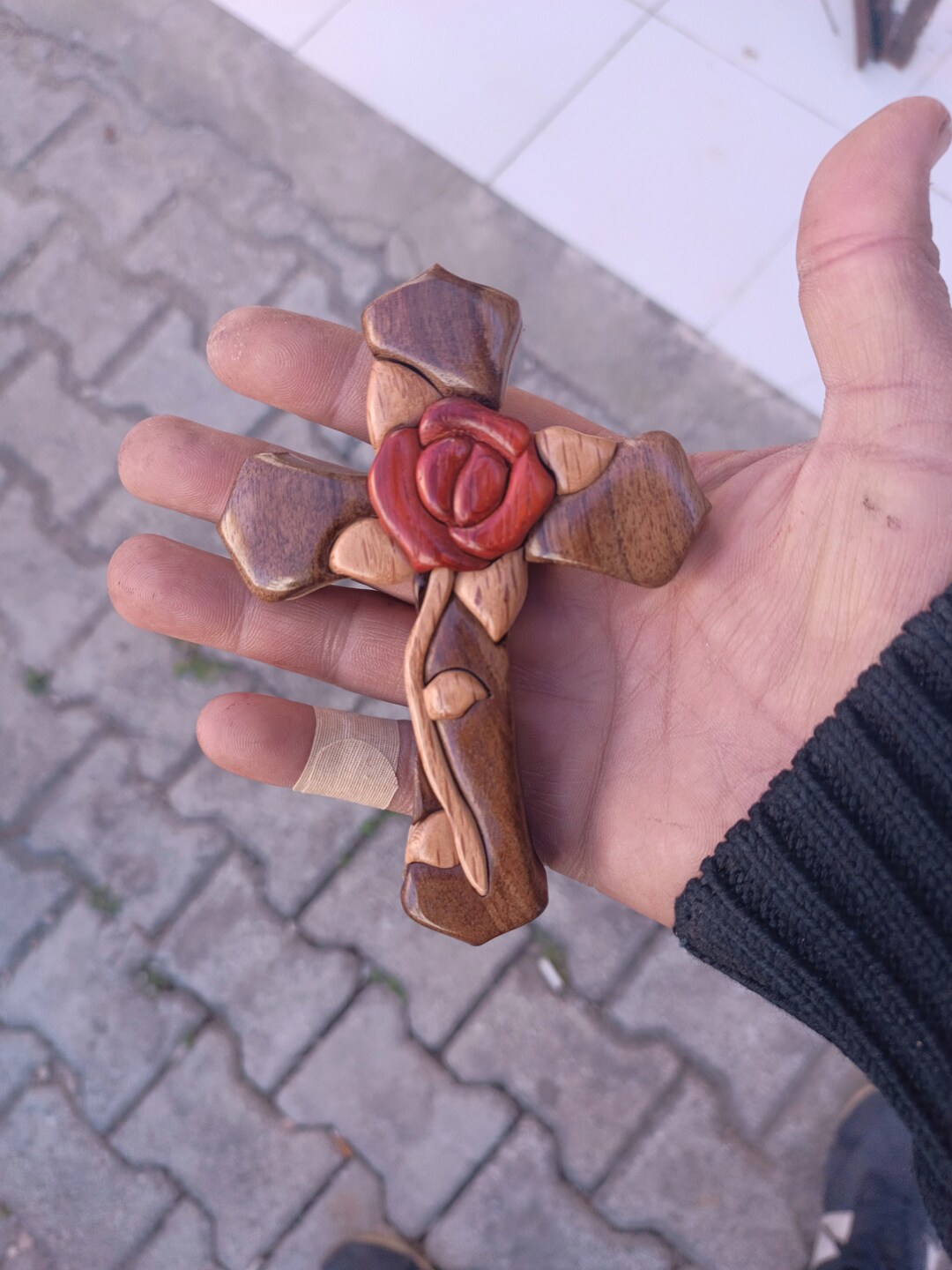 ROSE CROSS Magnet, Wooden Cross, Intarsia Wooden Art, Wooden ...