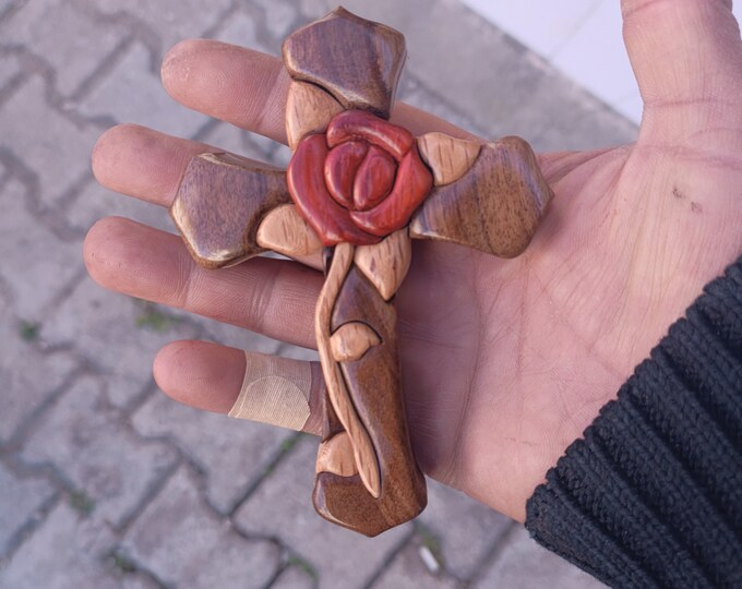 ROSE CROSS Magnet, Wooden Cross, Intarsia Wooden Art, Wooden ...