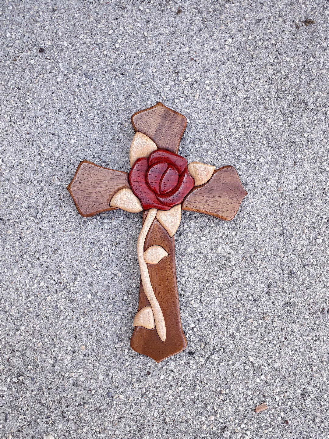 Rose Cross , Wooden Cross, Intarsia Cross, Intarsia Wooden Art, Wooden ...
