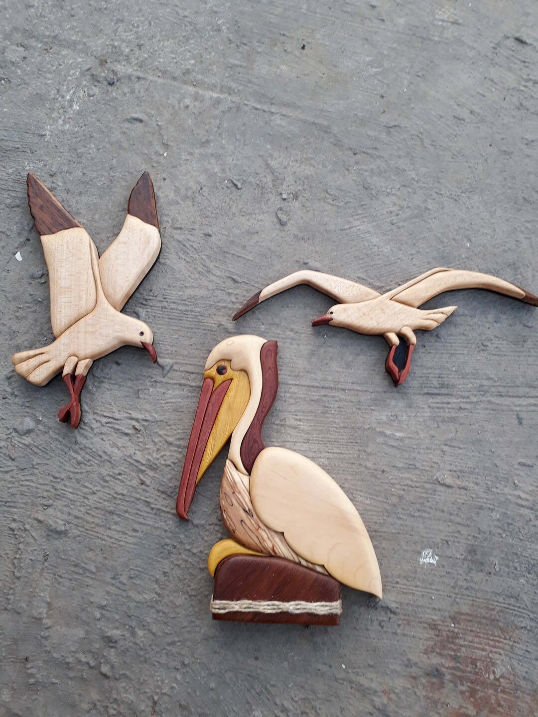 Handmade Intarsia Wood Art, Pelican and Seagulls Wall Decor - Etsy