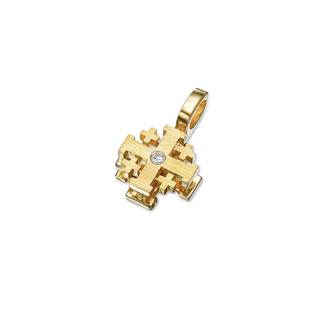 Tiny 18K Yellow Gold Diamond Jerusalem Cross Necklace. - Etsy