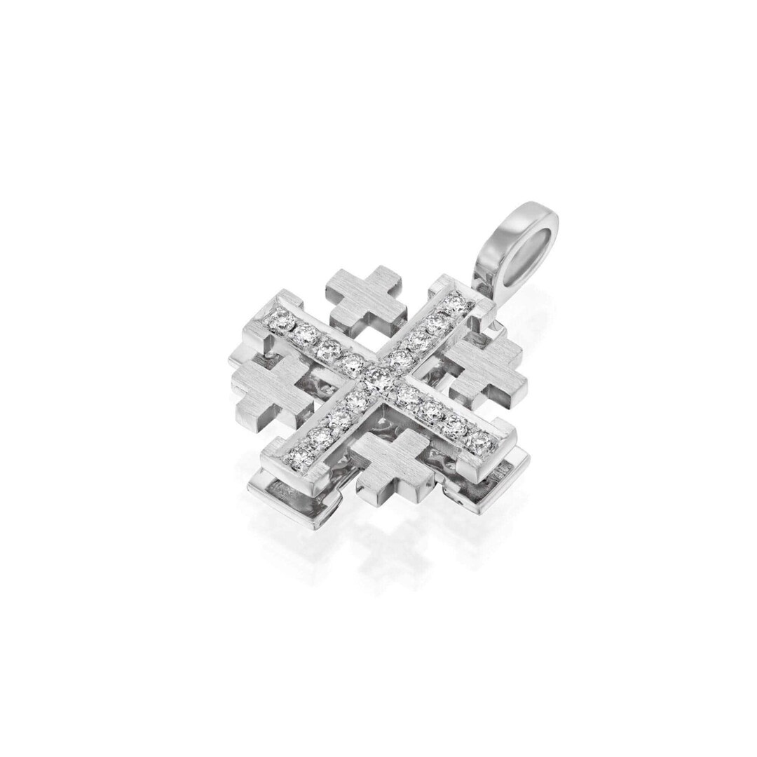 18K White Gold Diamond Jerusalem Cross Pendant - Handmade Christian ...