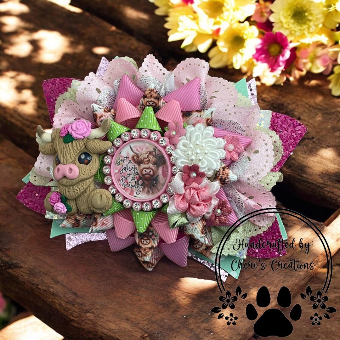 Sorta Sweet, Sorta Moody Floral Shaggy Highland Cow Over the Top Stacked Faux Leather and Ribbon ...