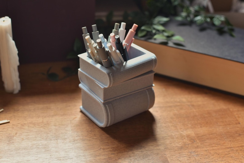3D Printed Book Stack Pen Holder: Stone Filament Desk Organizer - Etsy
