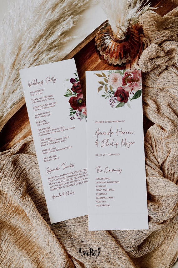 Burgundy Wedding Program Template Merlot Floral Wedding | Etsy