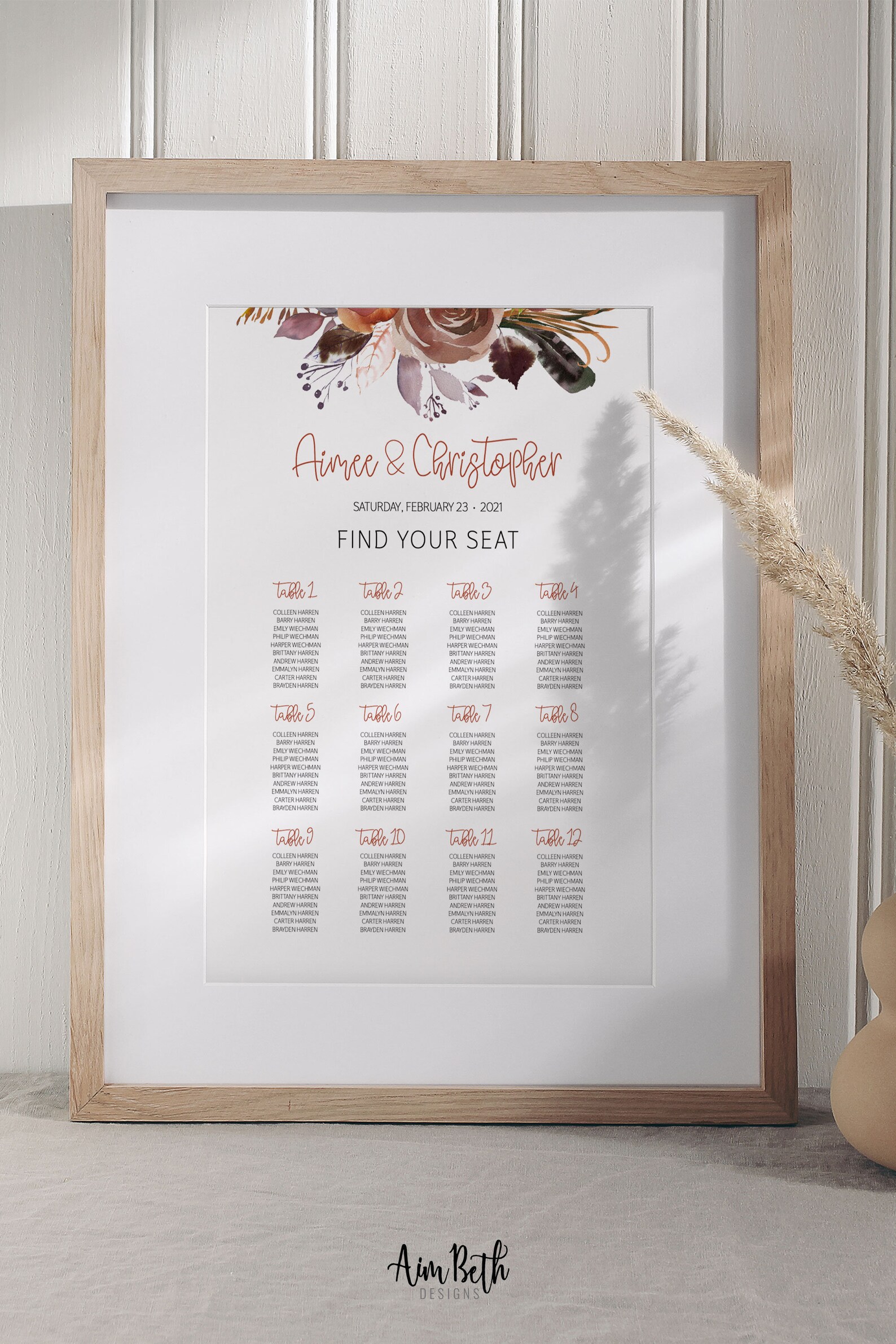Rustic Boho Wedding Seating Chart Template Burnt Orange | Etsy