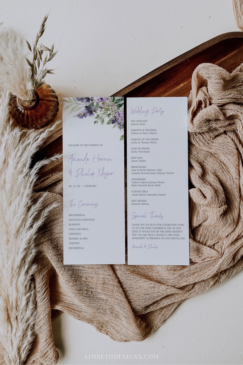 Lavender Wedding Program, Purple Wedding Timeline, Lilac Wedding ...