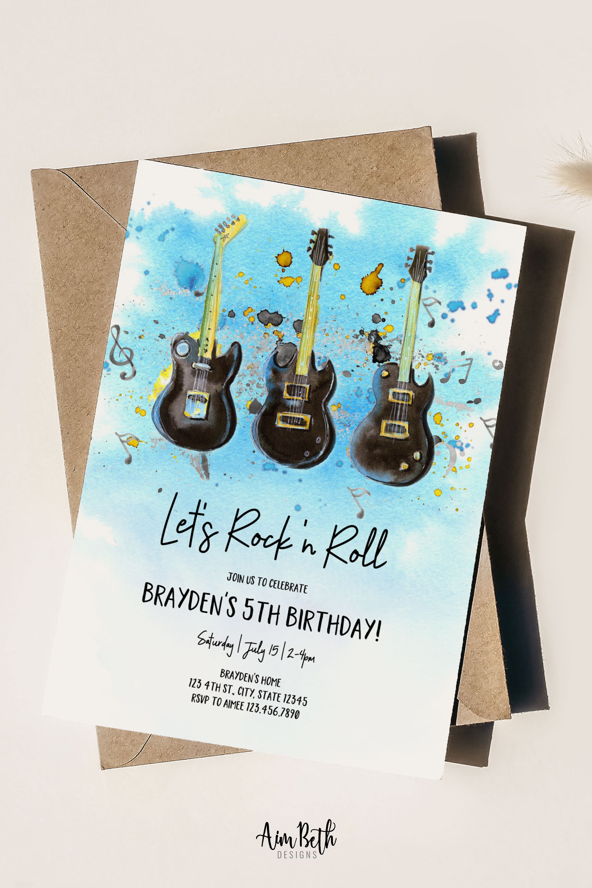 Rock and Roll Birthday Invite, Rock 'n Roll Birthday, Guitar Invitation ...