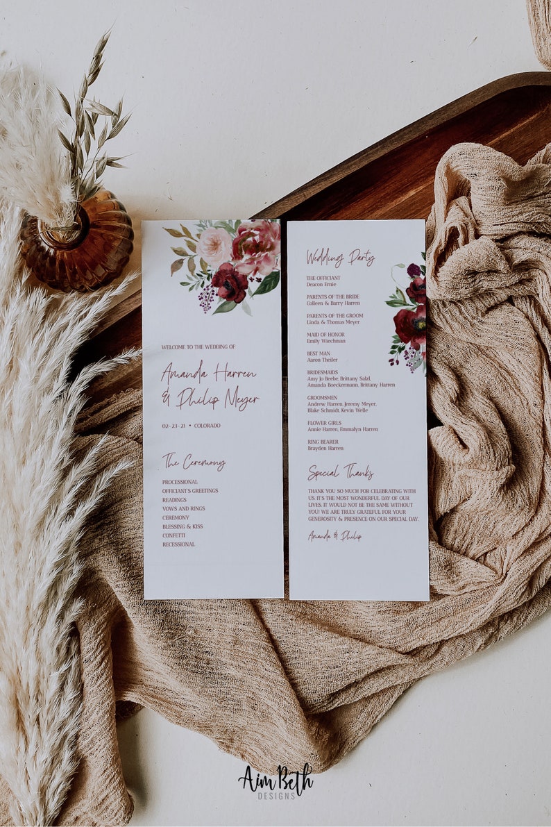 Burgundy Wedding Program Template Merlot Floral Wedding | Etsy