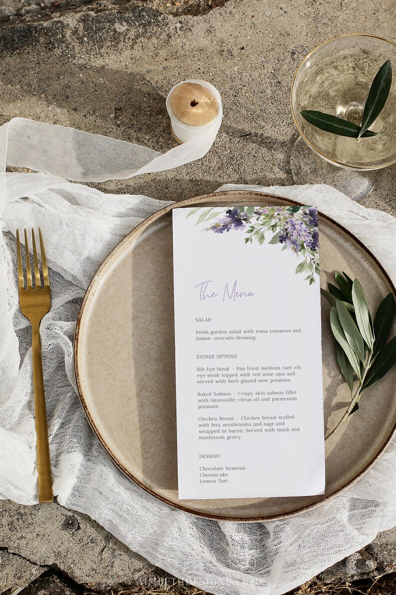 Lavender Wedding Menu Template Printable Menu Card Lavender | Etsy