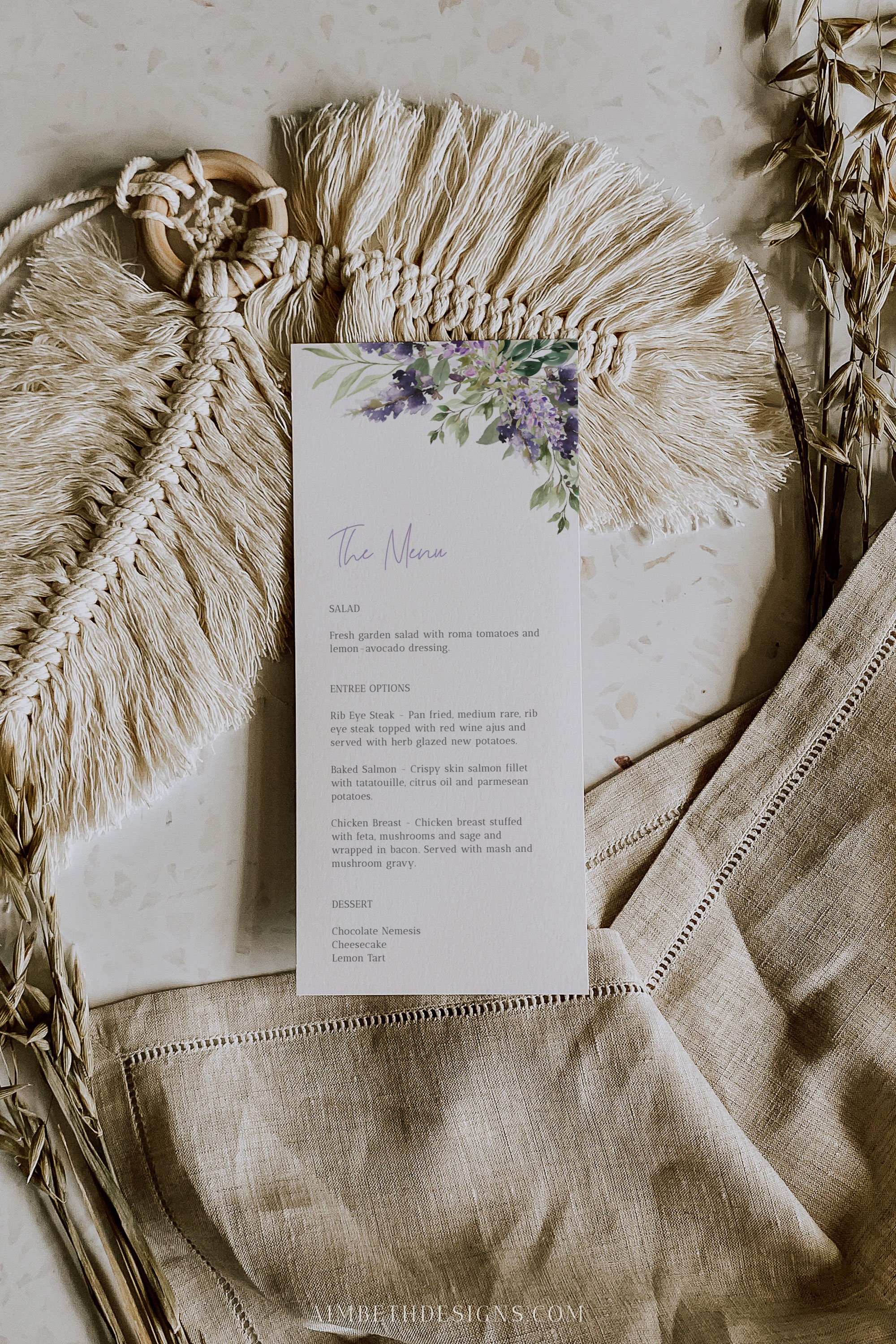 Lavender Wedding Menu Template Printable Menu Card Lavender | Etsy