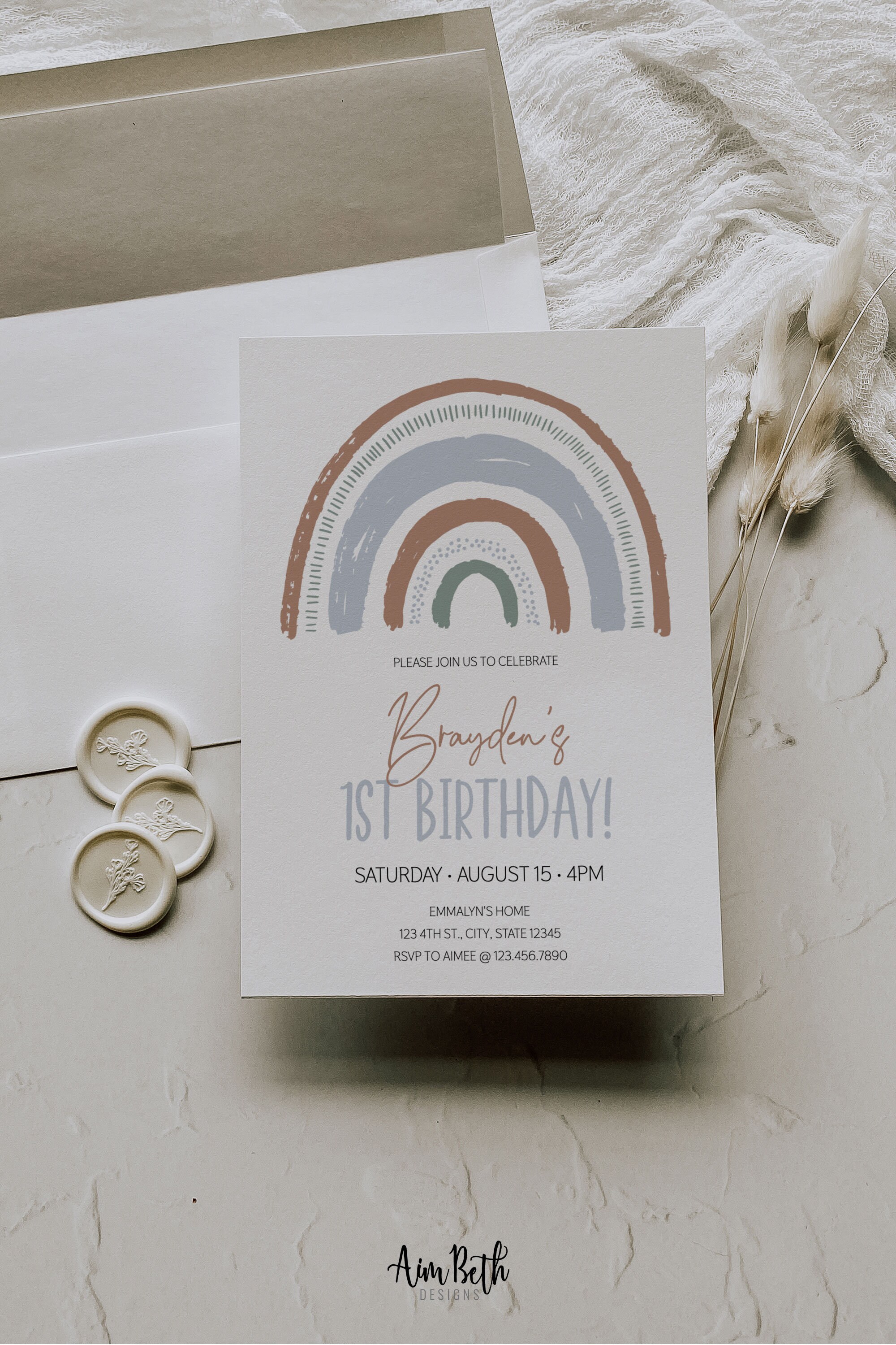Boy Rainbow Birthday Invitation Muted Rainbow 1st Birthday | Etsy