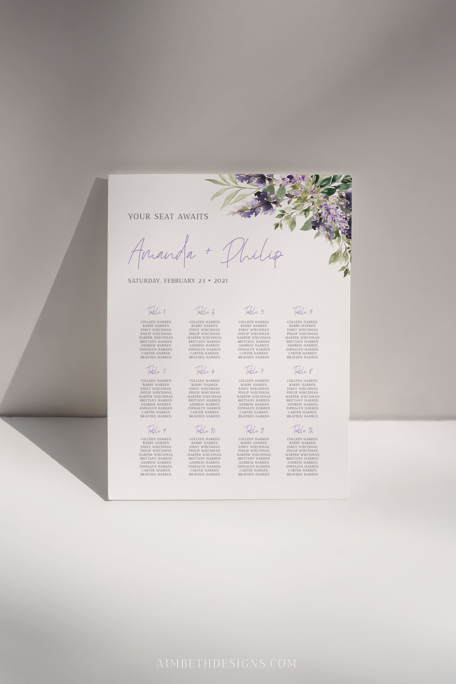 Lavender Wedding Seating Chart Template Purple Wedding | Etsy