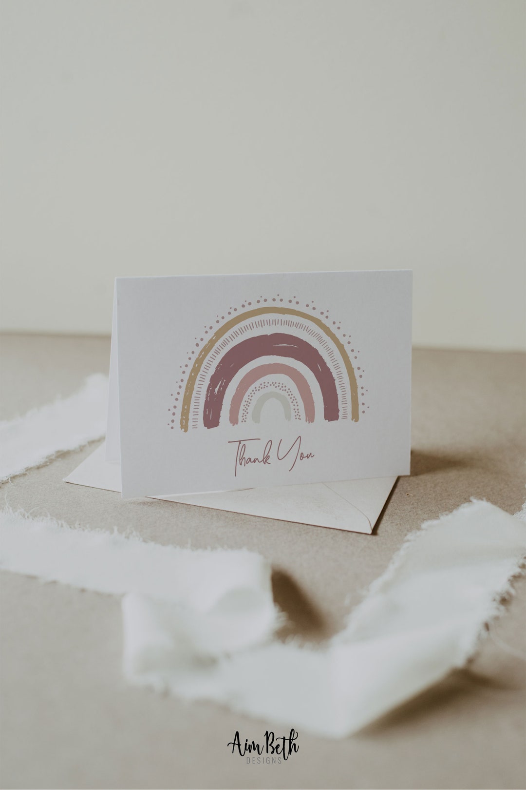 Boho Rainbow Thank You Card, Boho Rainbow Folded Thank You Card, Muted ...