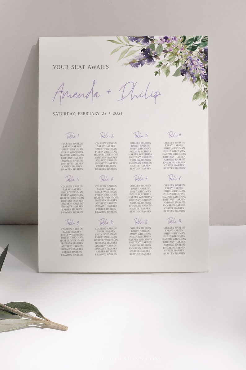 Lavender Wedding Seating Chart Template Purple Wedding | Etsy
