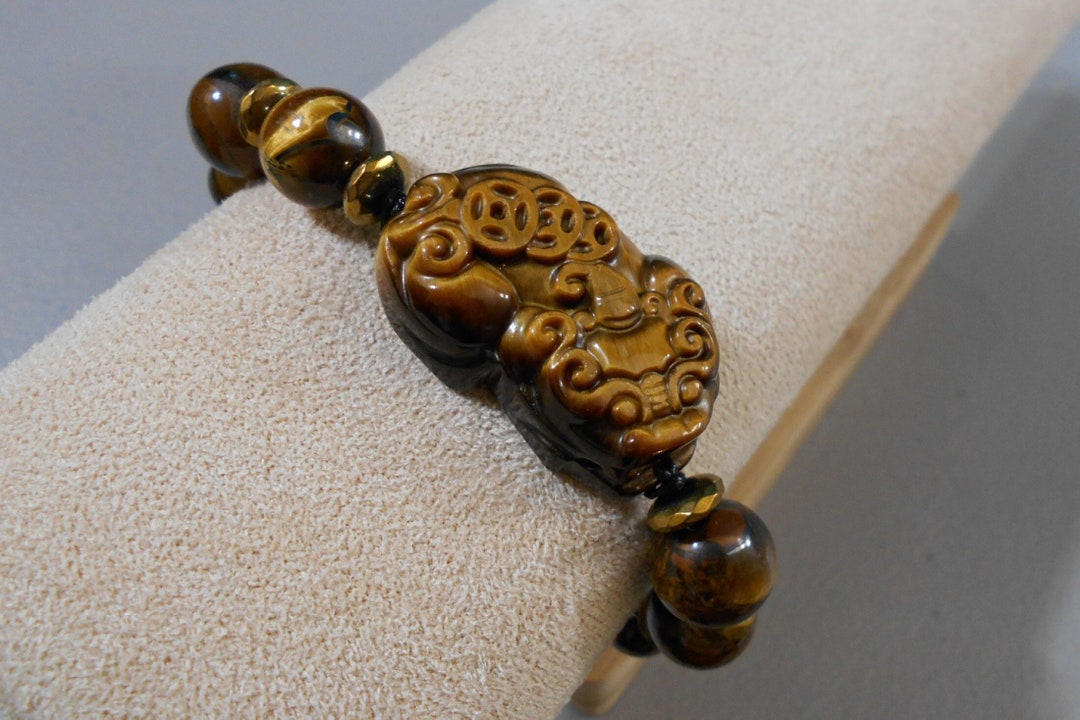 Men's Tiger's Eye Pixiu Bracelet, Carved Gemstone Beads for Feng Shui ...