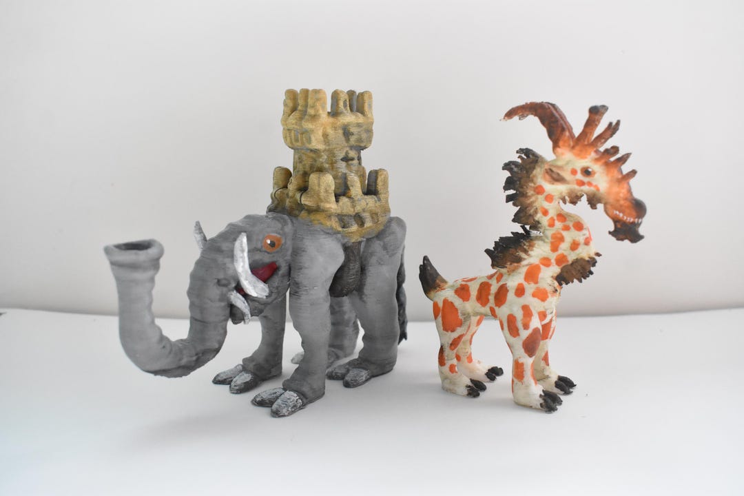 Elifant and Camelopard, Mini Medieval Elephant and Giraffe Figurines ...