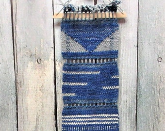 Modern Woven Wall Decor, Small Space Textile Art, Long Narrow Blue ...