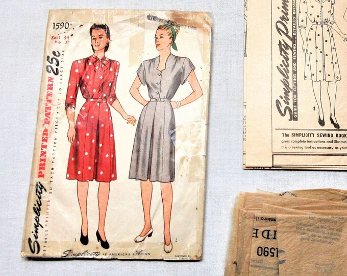 1940s Dress Pattern, Size 34 Bust: Used Simplicity #1590 From 1945 is ...