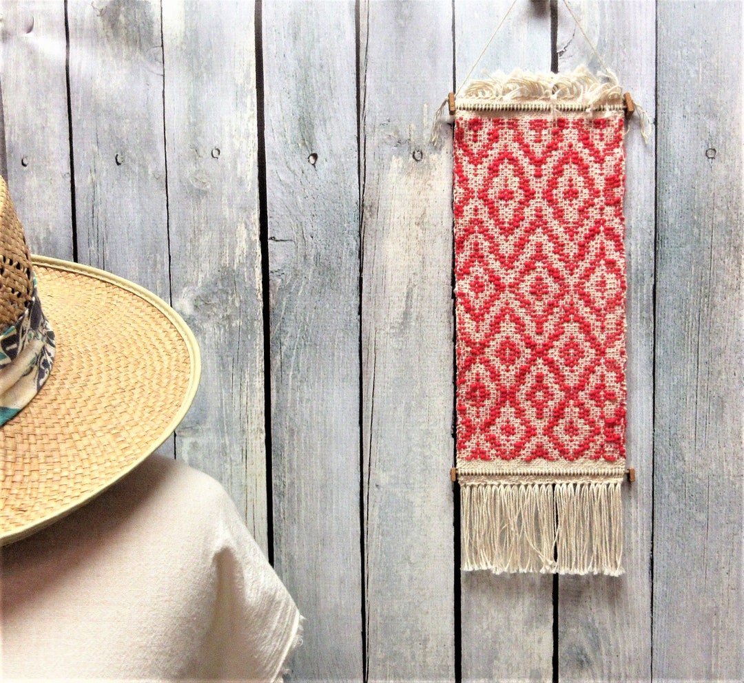 Handwoven Mini Wall Art. Small Home Decor. Red White Textile Art Wall ...