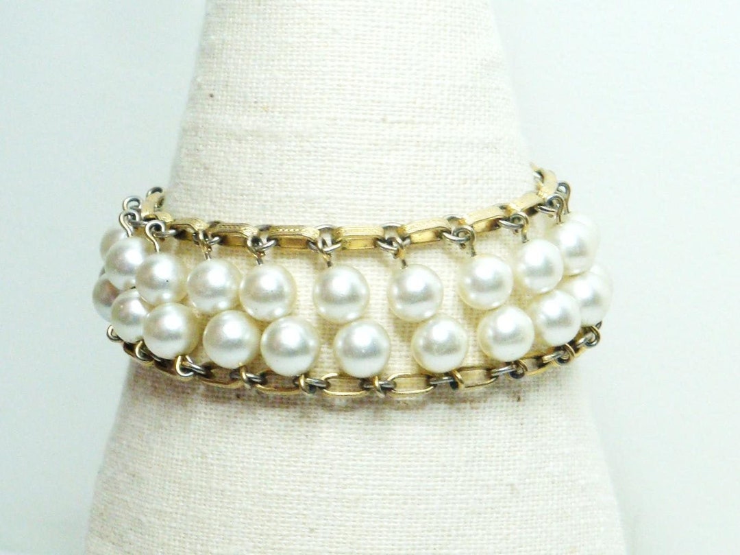 1960s Sarah Coventry Pearl Flattery Wide Faux Pearl Beaded Bracelet. 7. ...