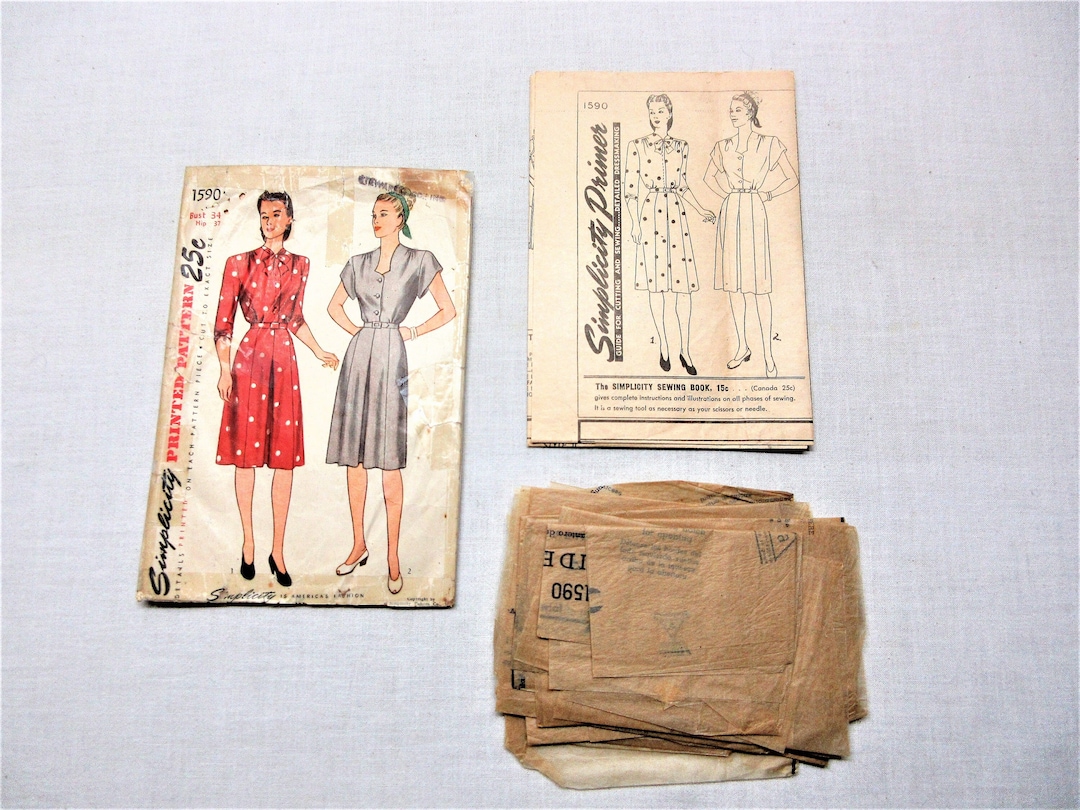1940s Dress Pattern Size 34 Bust. Used Simplicity #1590 Paper Pattern ...