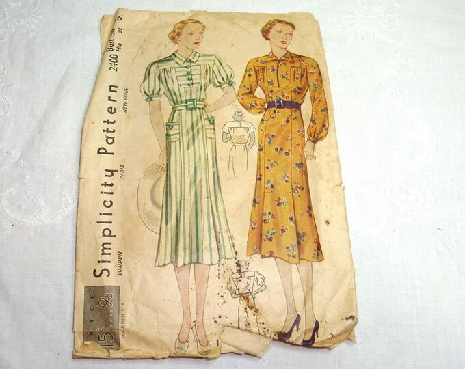 Vintage Simplicity Sewing Pattern 2400 From 1930's or 1940"s, 36, Bust ...