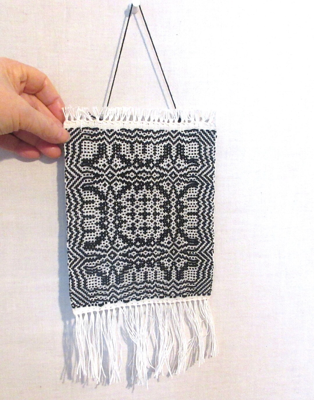 Handwoven Tiny Tapestry. Black and White Wall Hanging Room Decor. Small ...