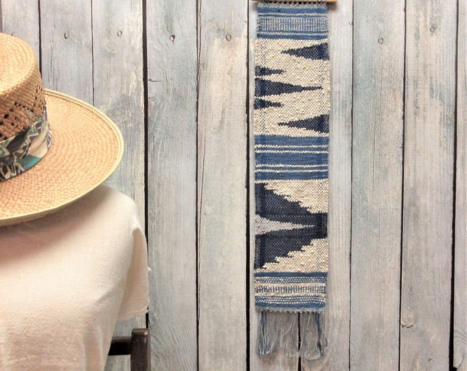 Modern Woven Wall Decor, Small Space Textile Art, Long Narrow Blue ...