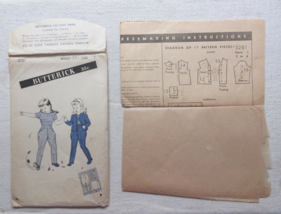 1940s Size 4 Girls Jodhpurs Pants and Jacket Pattern. Uncut Butterick ...