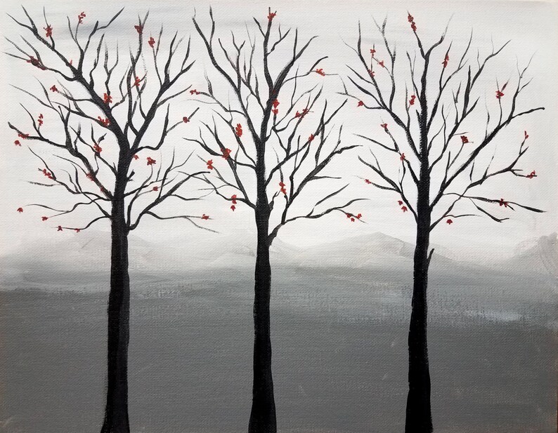 Landscape Trees Painting on Canvas Board, Grey Acrylic Painting, Modern ...