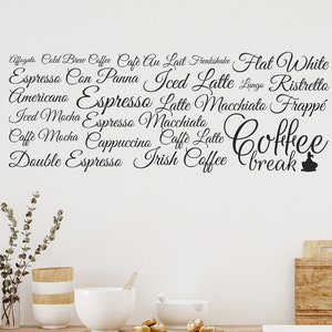Types of Coffee Vinyl Decal Kitchen Wall Decor Coffee Shop Wall Sticker ...