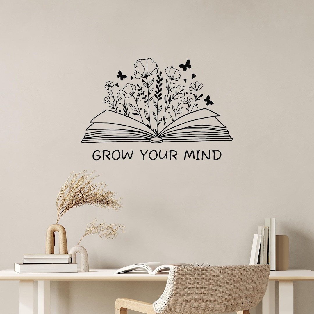 Open Your Mind Vinyl Wall Decal Quote Open Book Bookish Floral Decor ...