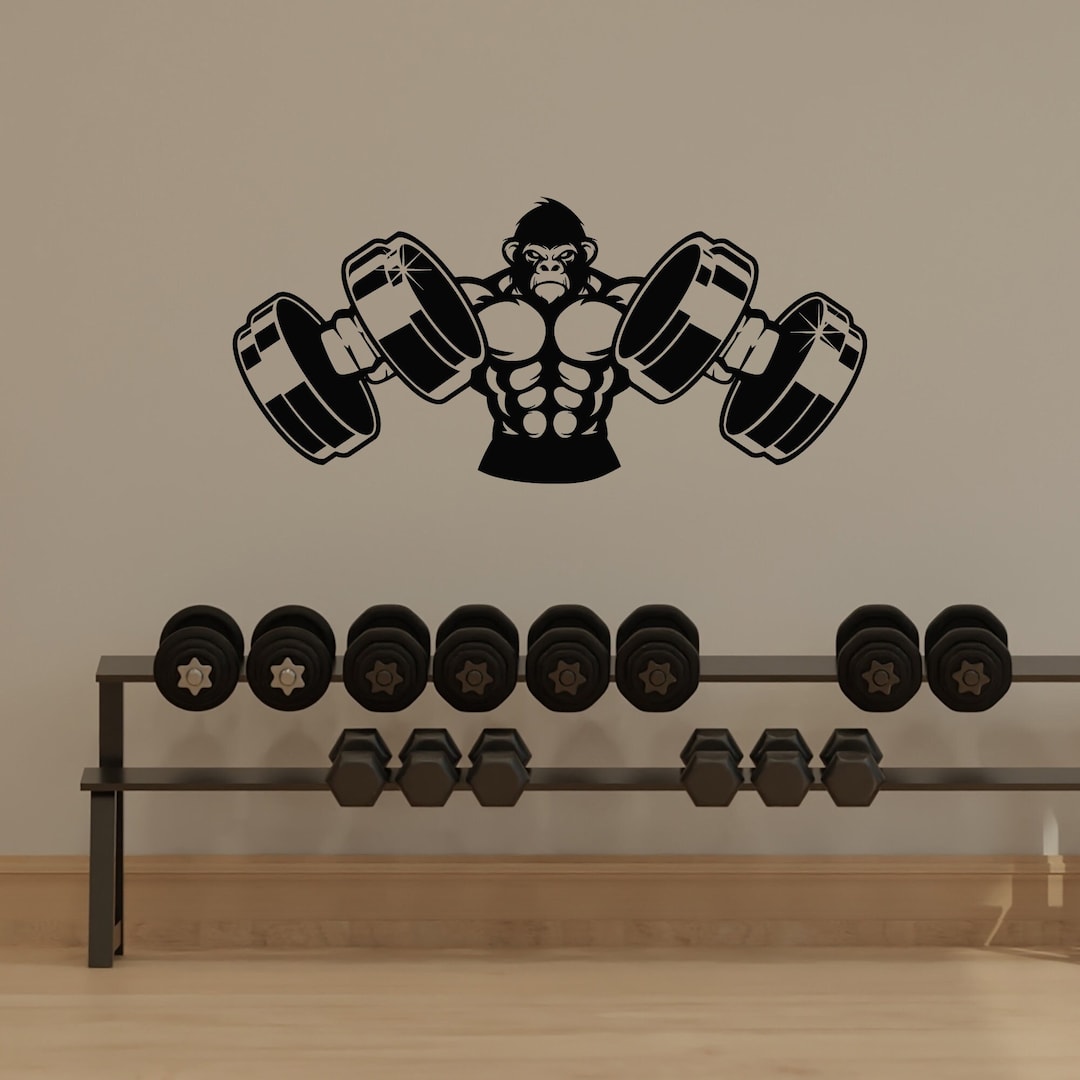 Gym Vinyl Wall Decal Training Iron Weight Sports Gorilla Muscles ...