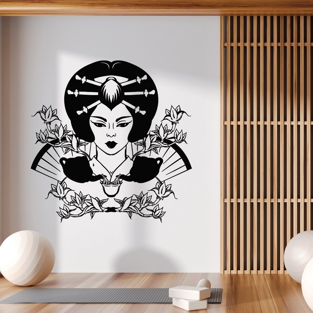 Geisha Vinyl Wall Decal Flowers Tea Ceremony Drinking Oriental Teapot ...