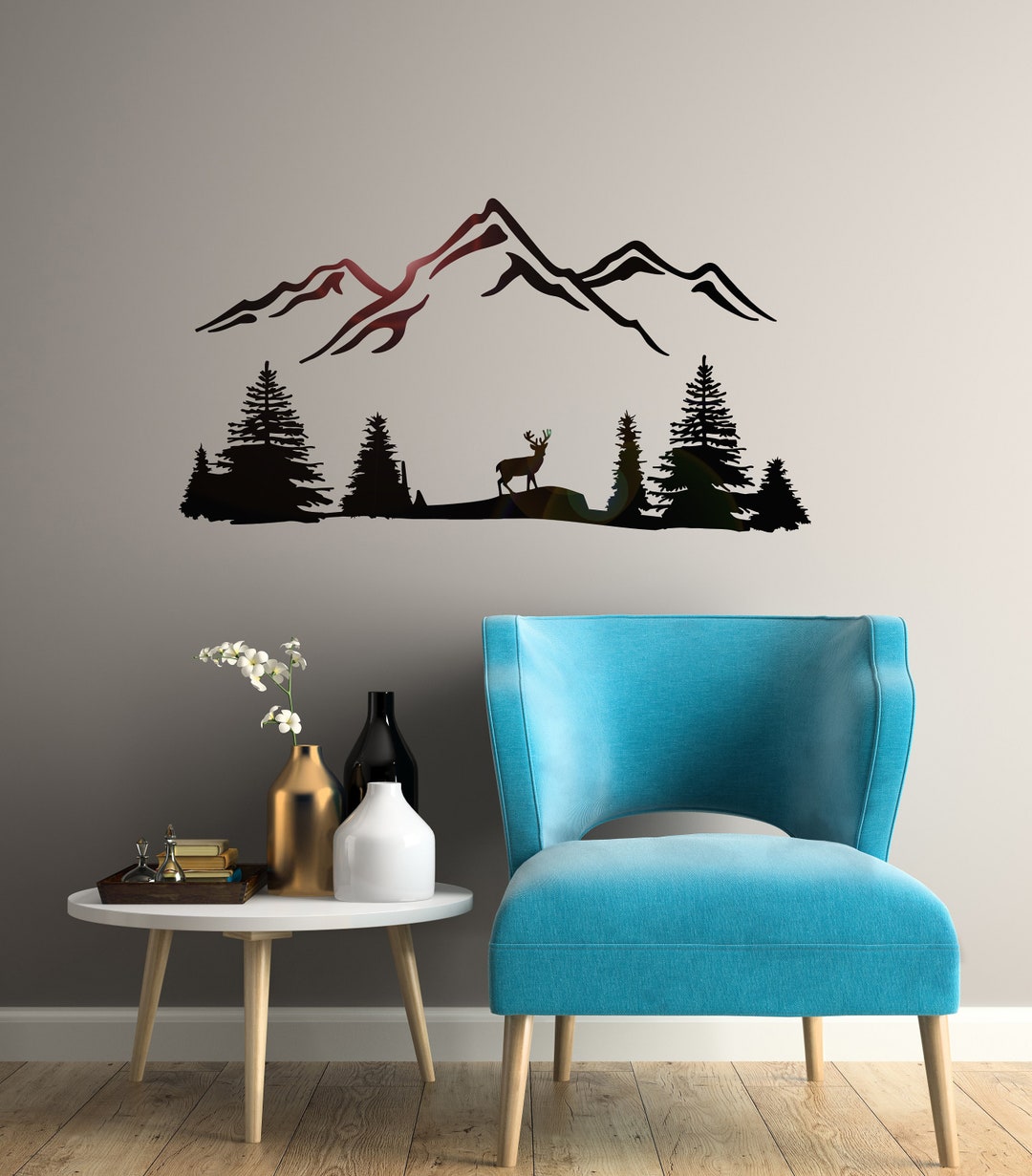 Nature Vinyl Wall Decal Mountain Trees Tree Forest Deer Animal Stickers ...