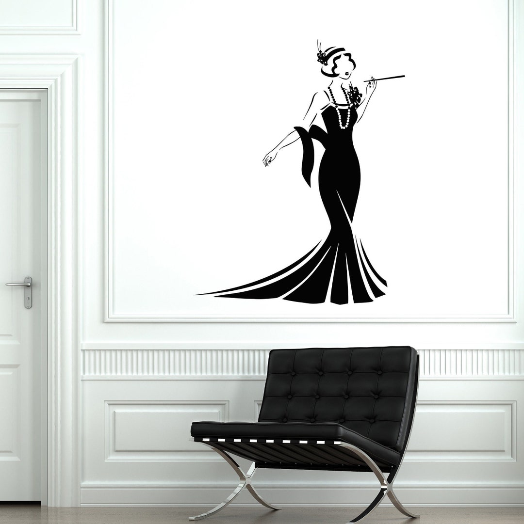 Lady Vinyl Wall Decal Art Deco Retro Style Fashion Woman Stickers Mural ...