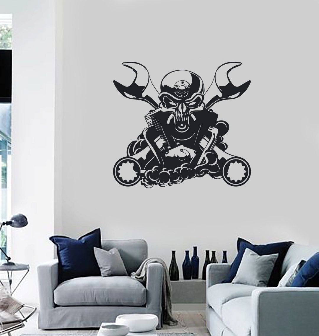 Wall Vinyl Decal Car Skull Engine Steam Punk Auto Repair Tools Decor ...