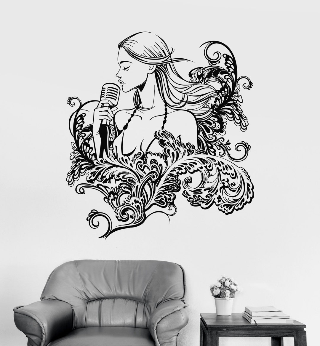 Wall Vinyl Decal Singer Girl Woman Pop Rock Music Floral Decor 2359di ...