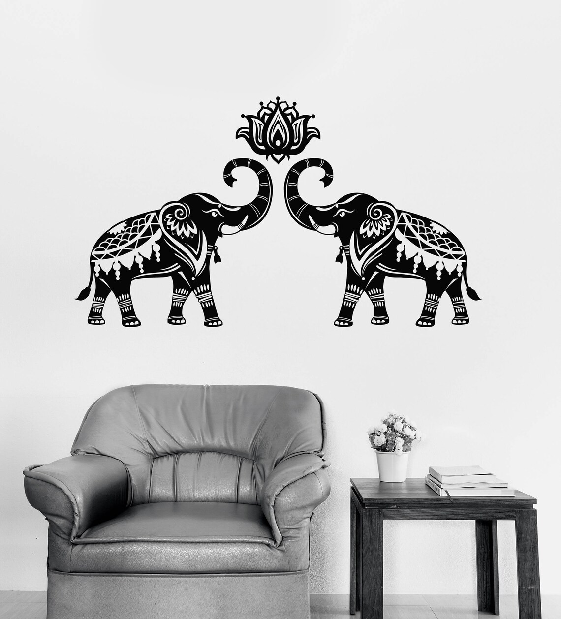 Indian Elephants Vinyl Wall Decal Lotus Animals Hinduism Home Decor ...