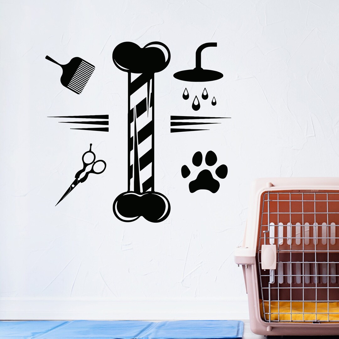 Grooming Wall Vinyl Decal Pet Care Scissors Comb Bone Logo Animal ...