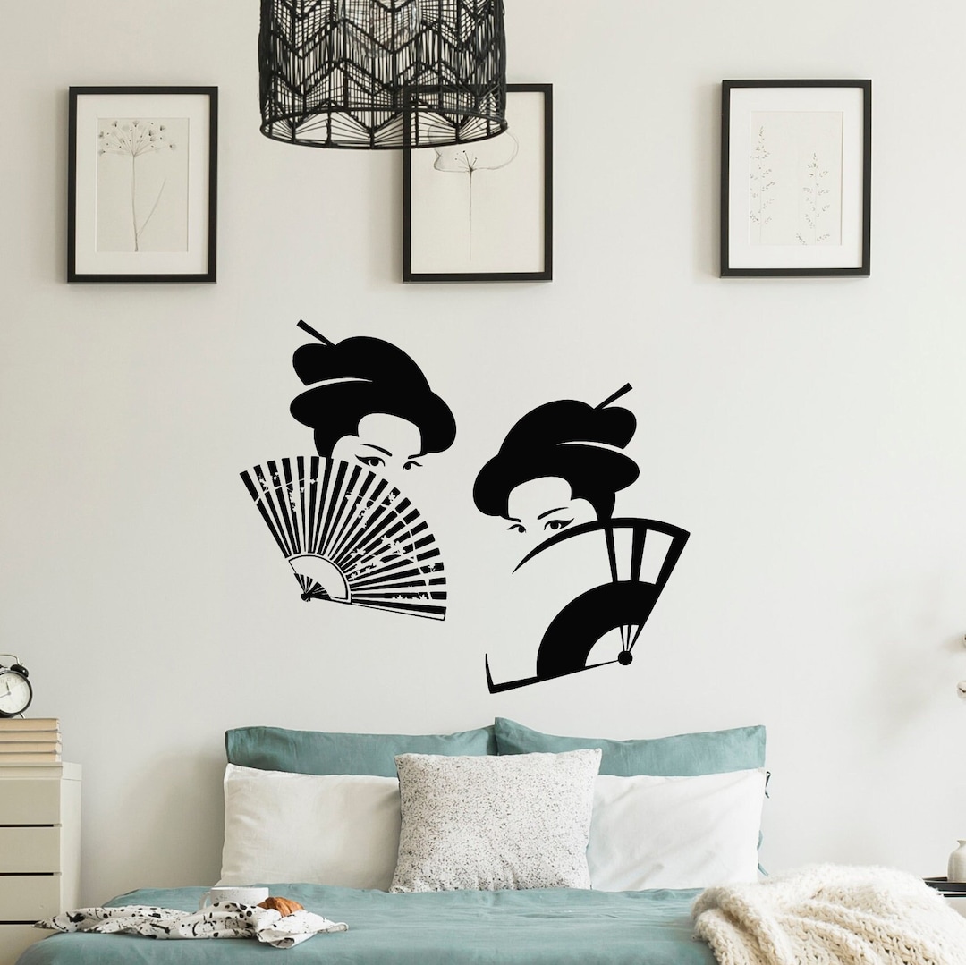 Geisha Vinyl Wall Decal Oriental Fan Asian Beautiful Woman Stickers ...
