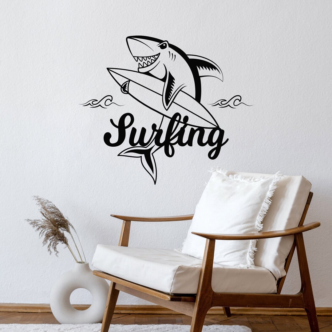 Surfing Shark Vinyl Wall Decal Beach Style Surfboard Wave Surfer Gift ...