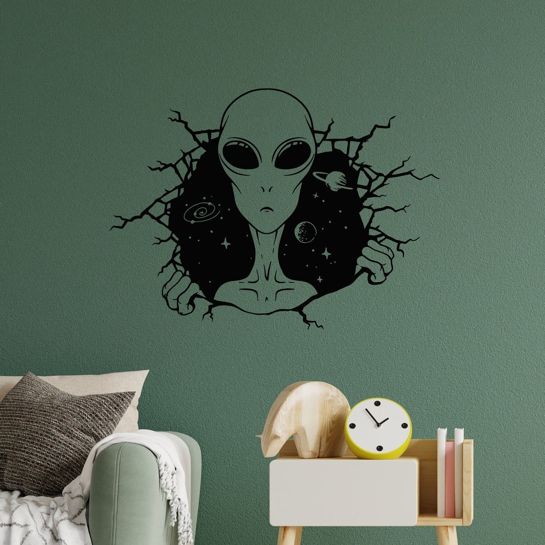 Space Vinyl Wall Decal Humanoid Alien Earth UFO Teen Room Stickers ...